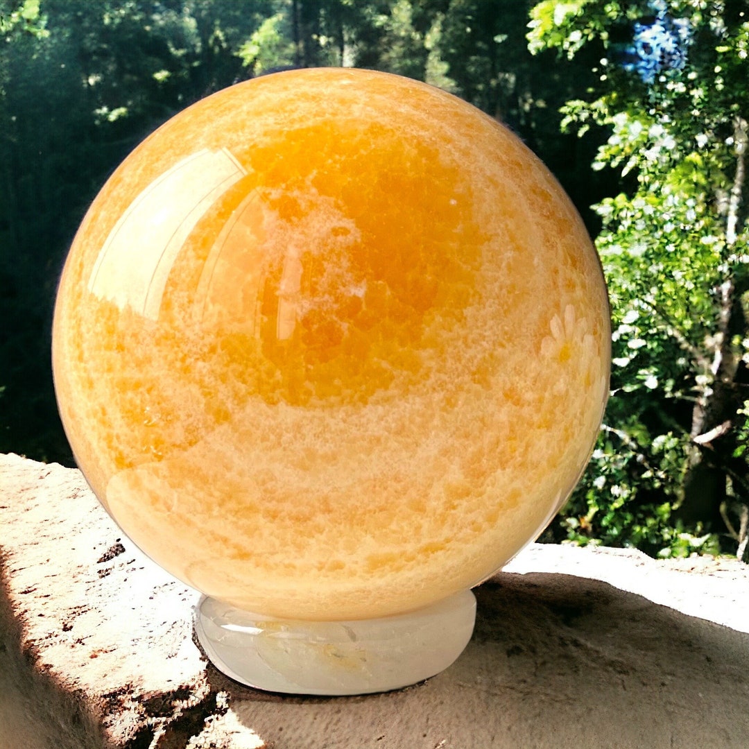 120mm Large Banded Calcite Crystal Ball on Clear Quartz Stand Yellow ...