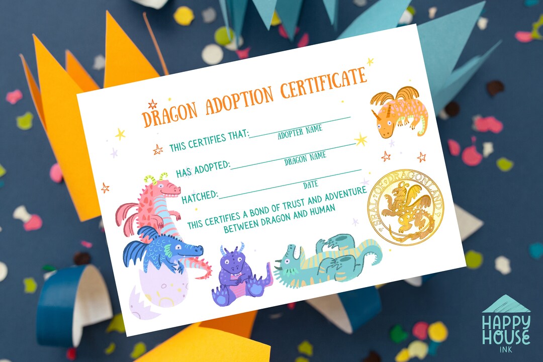 Dragons Party Adoption Certificate | Dragon Party | INSTANT DOWNLOAD ...