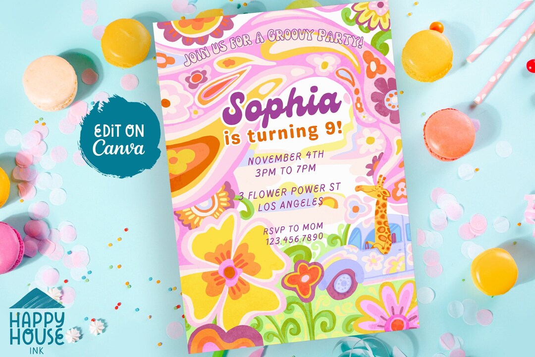 Groovy Giraffe Birthday Invitation | Editable Digital Template ...