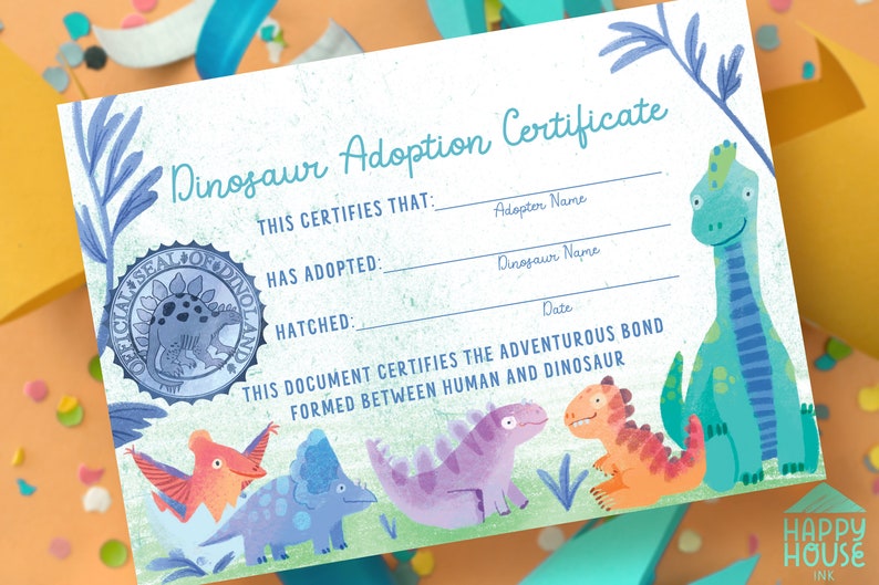 Dinosaurs Party Adoption Certificate | Dragon Party | INSTANT DOWNLOAD ...