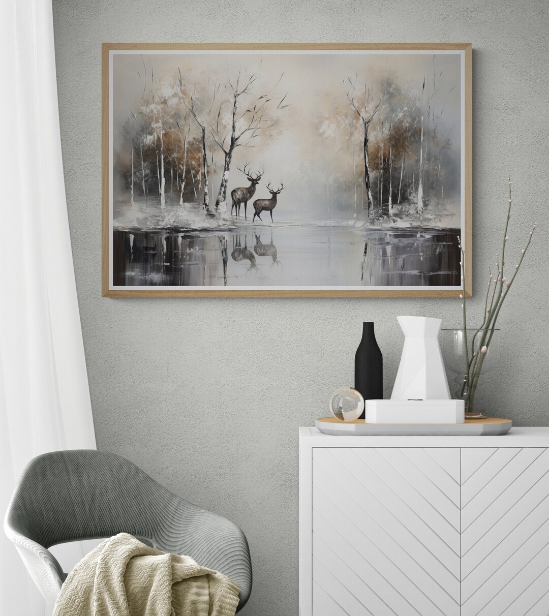 Snowy Reindeer Landscape Art, Neutral Christmas Printable (digital ...