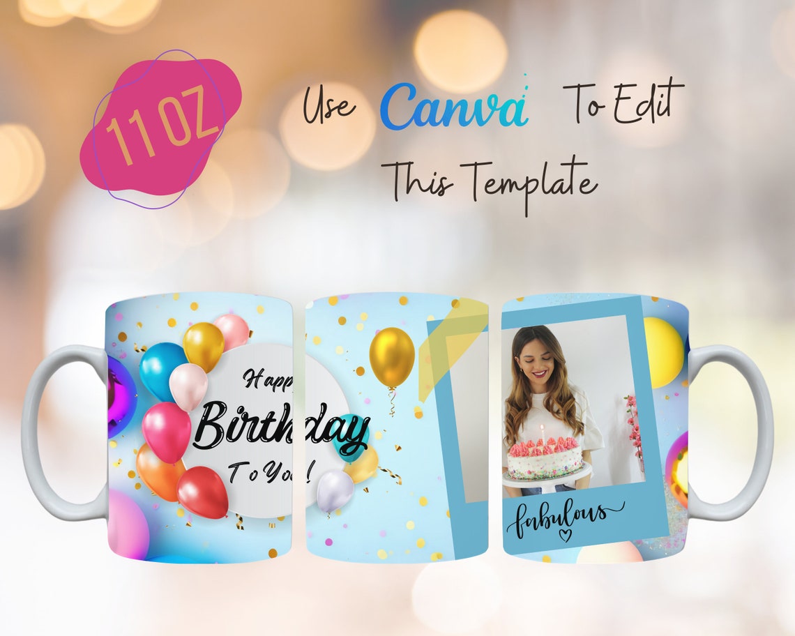 Happy Birthday Photo Mug Template: Editable Canva Design (digital ...