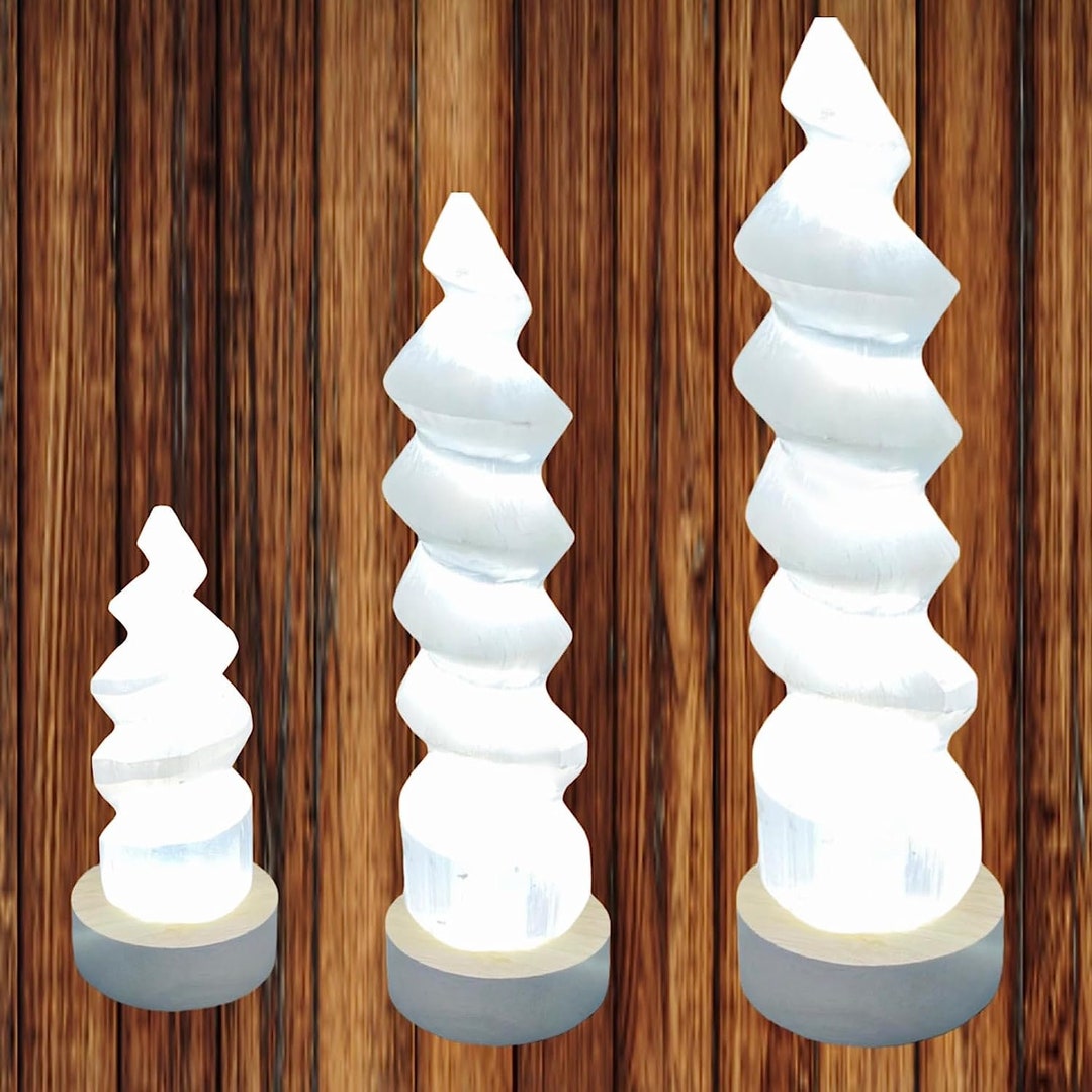 Spiral Selenite Crystal White Light LED USB Lamp Wooden Base Handmade ...