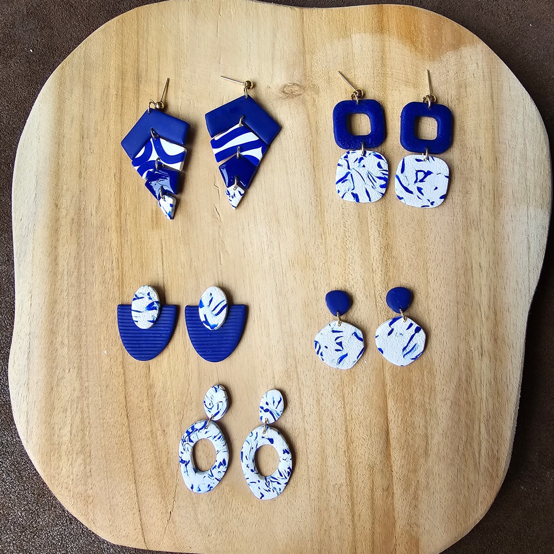 Cobalt Blue Marble Earrings White Marble Earrings White Polymer Clay ...