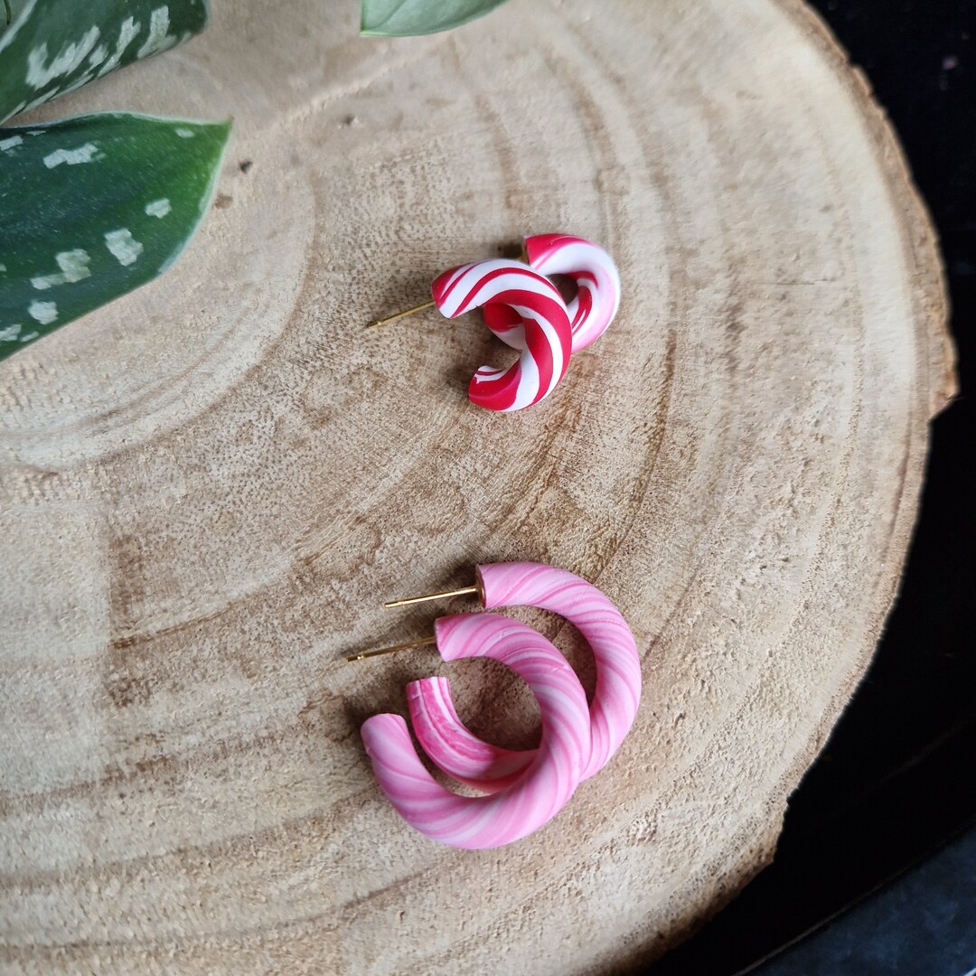 Candy Cane Hoop Earrings, Holiday Earrings, Polymer Clay Earrings - Etsy