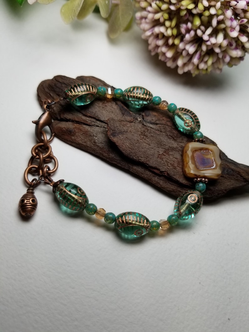 Czech Glass Square Bead Bracelet: Blue Green Eye Design - Etsy