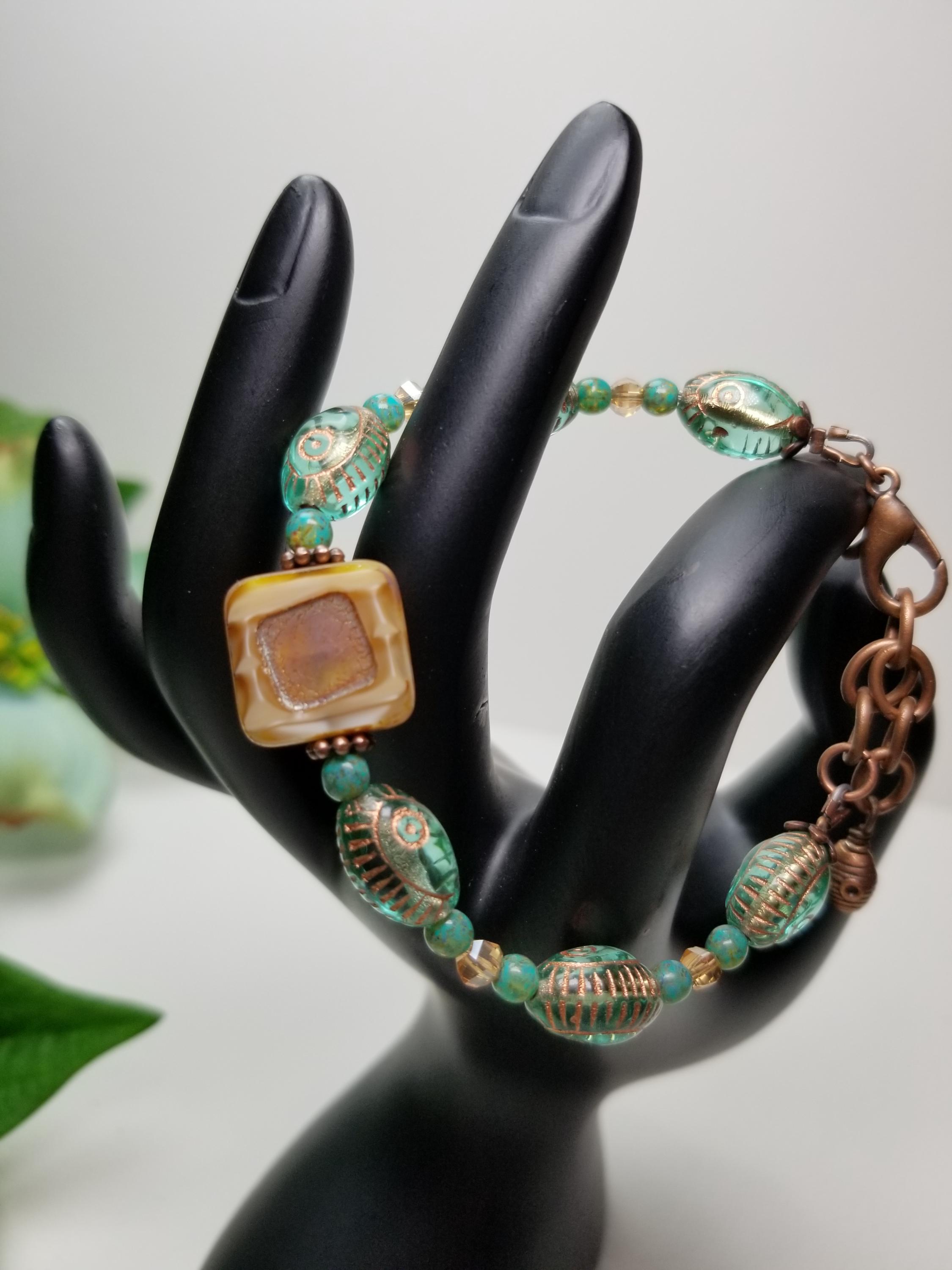 Czech Glass Square Bead Bracelet: Blue Green Eye Design - Etsy
