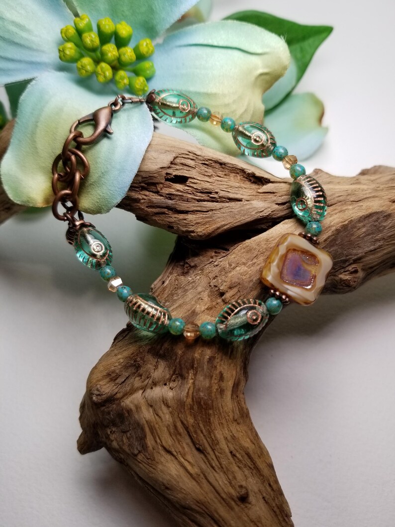 Czech Glass Square Bead Bracelet: Blue Green Eye Design - Etsy