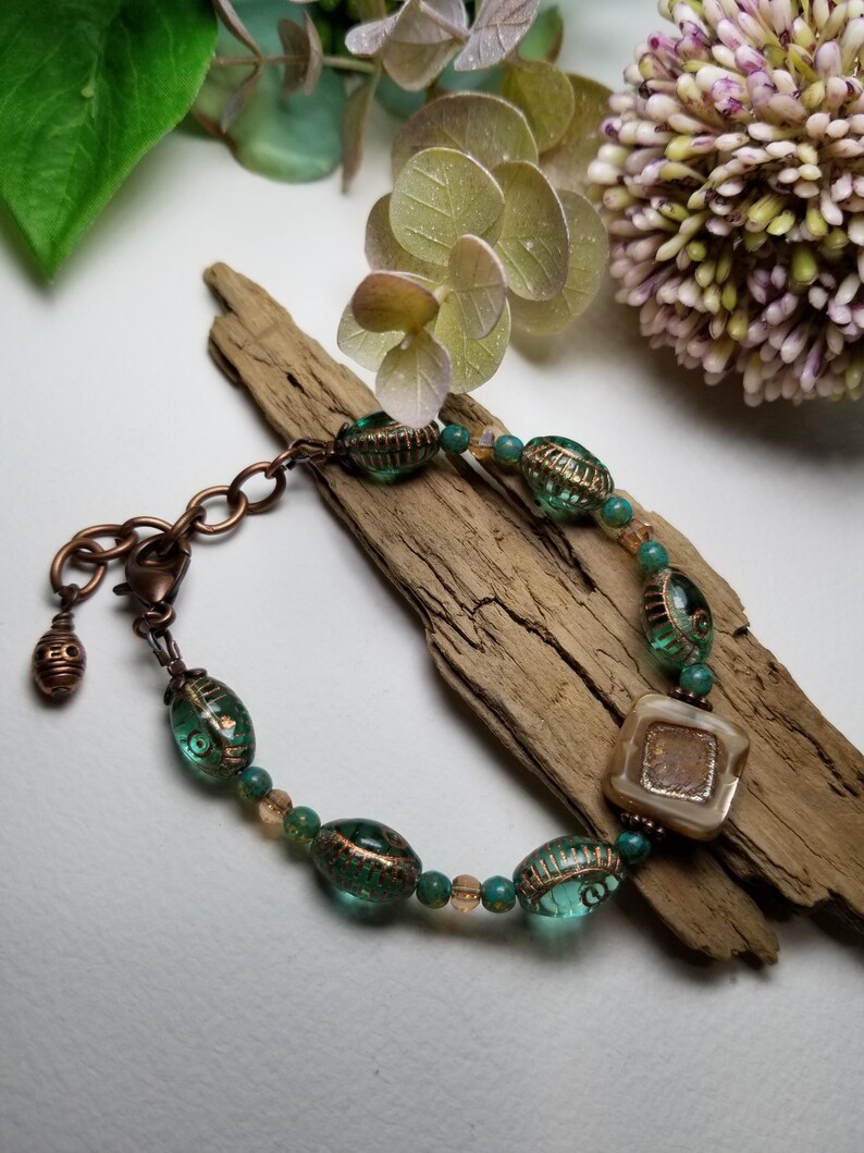 Czech Glass Square Bead Bracelet: Blue Green Eye Design - Etsy