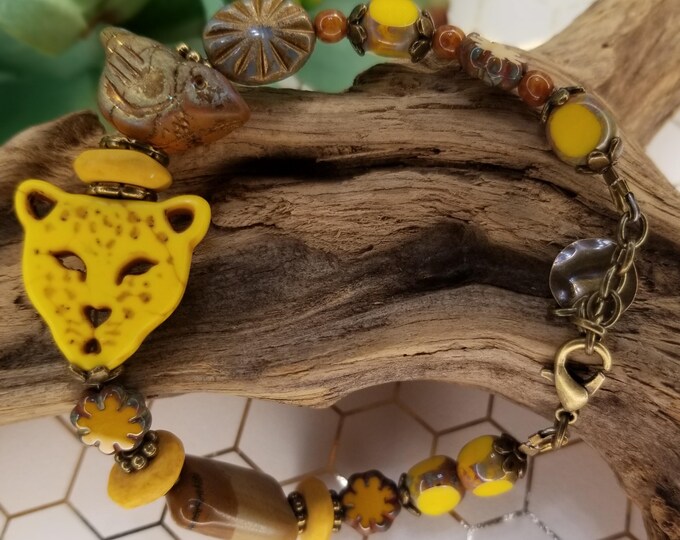 Beaded Cheetah Bracelet: Czech Glass Bird, Picture Jasper, Mustard ...