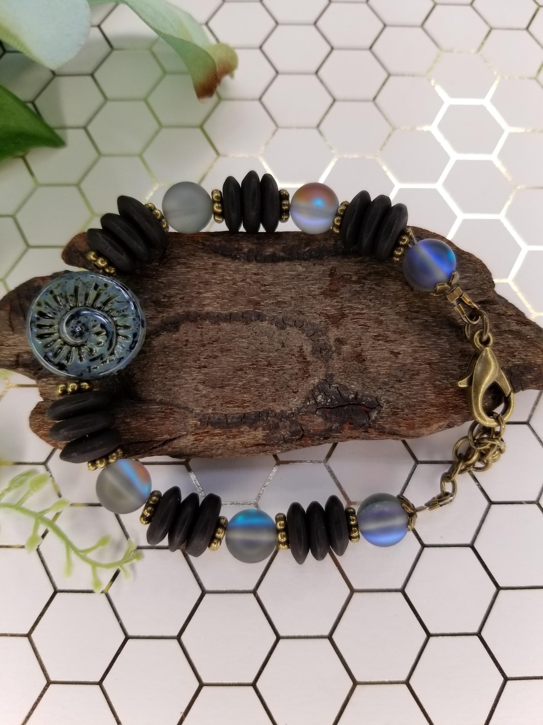 Black Ammonite Coin & Mermaid Glass Beaded Bracelet - Etsy
