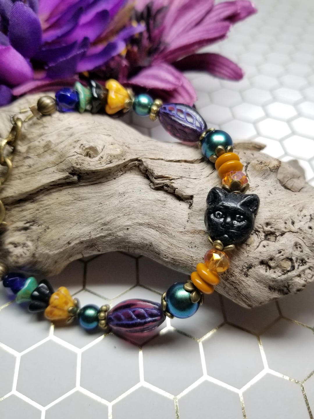 Black Cat Beaded Bracelet: Czech Glass Pearl, Purple & Mustard Beads - Etsy