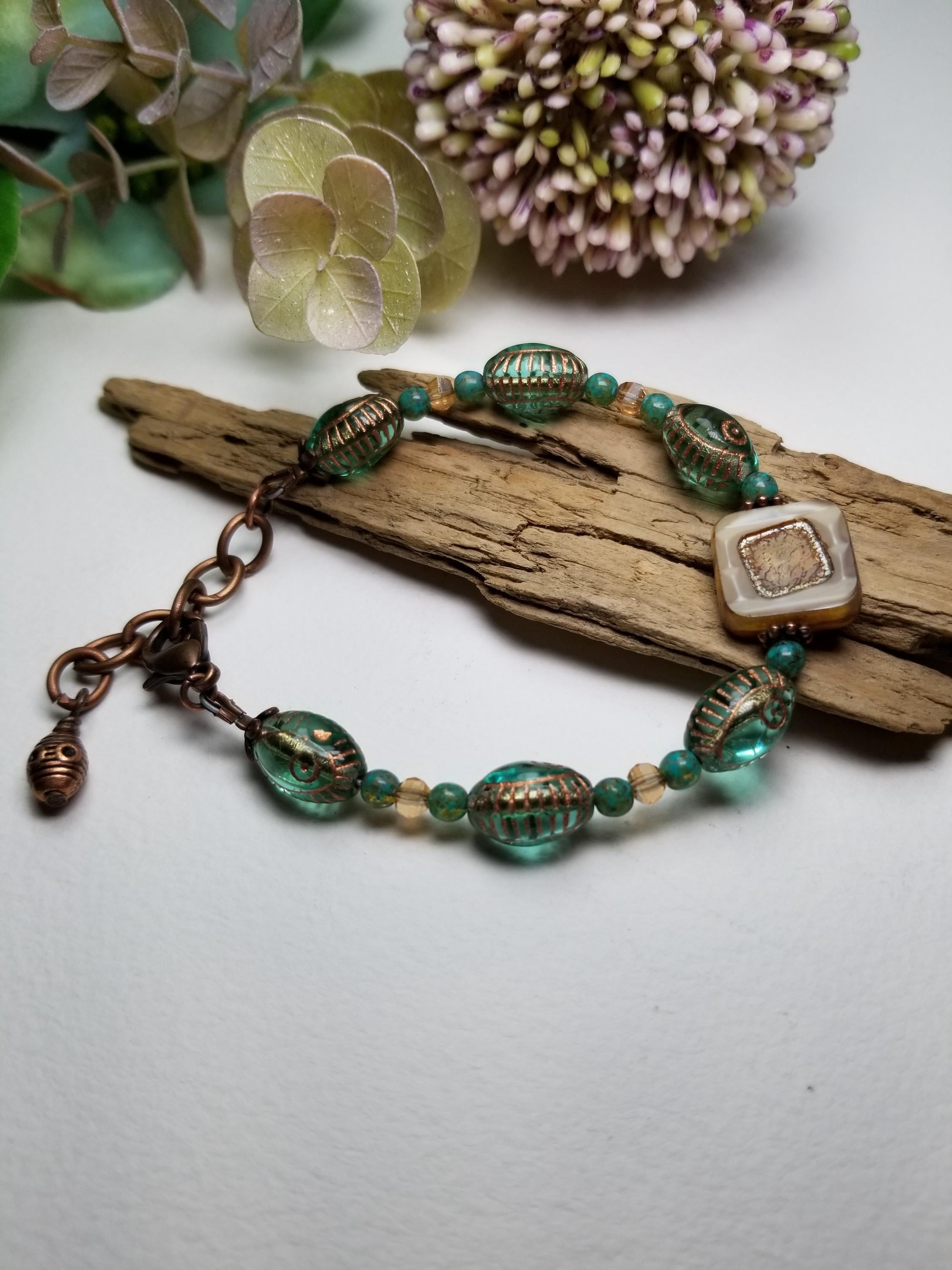 Czech Glass Square Bead Bracelet: Blue Green Eye Design - Etsy