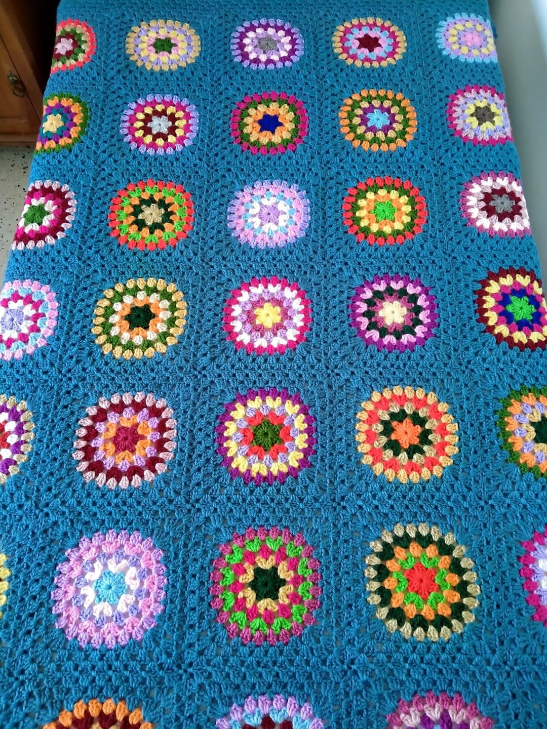 Blue Crochet Afghan Blanket With Different Colors for Sofa Armchair Bed ...