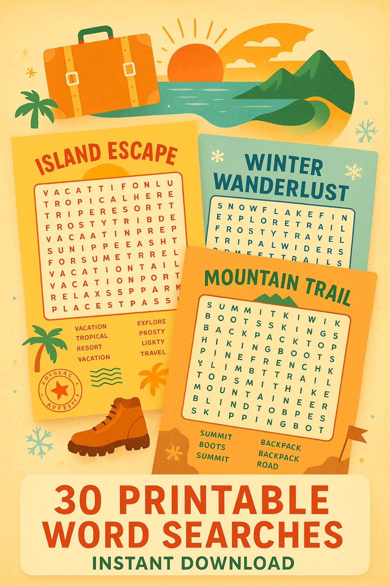 30 Vacation and Adventure Word Search Puzzles – Printable PDF | Travel ...