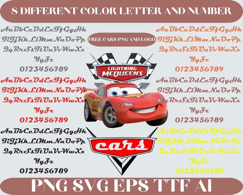 Cars Alphabet Font: Lightning Mcqueen PNG SVG (digital Download) - Etsy