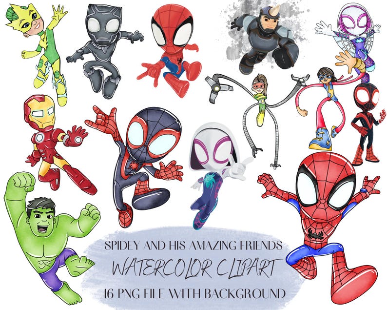 Spidey and His Amazing Friends Watercolor Png Clipart Bundle, Handdrawn ...