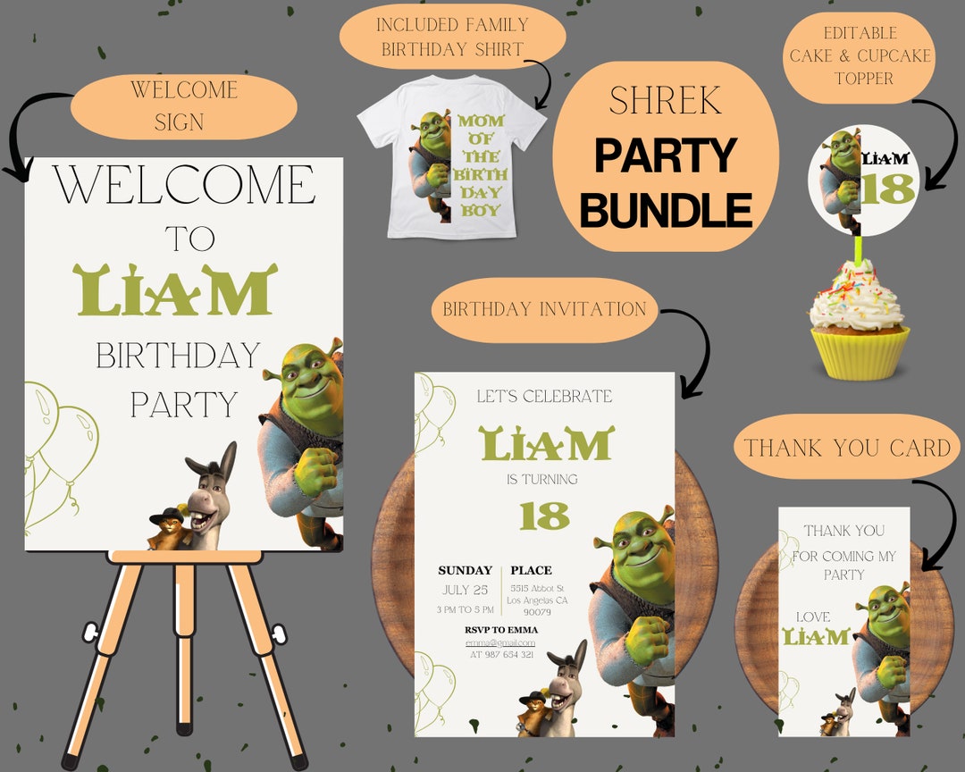 Shrek Party Bundle Editable Birthday Invitation Thank You Card - Etsy