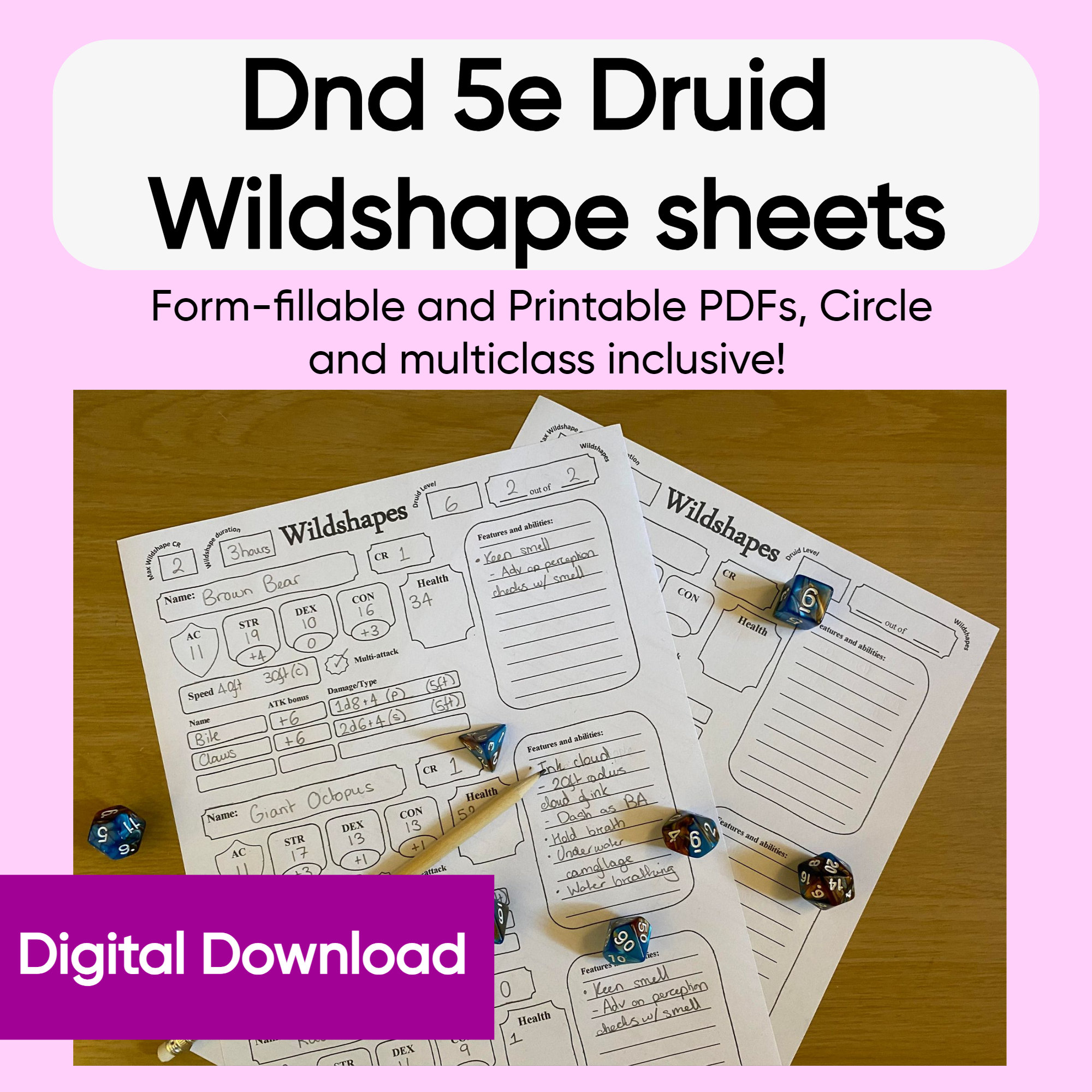 Druid A4 Wild Shape Sheets - Dungeons and Dragons 5e - Character Sheet ...