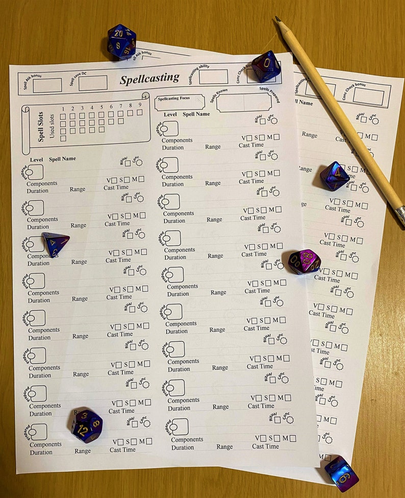 Dnd A4 Spell Sheet Spell Slot Tracker Suitable for ALL Classes Form ...