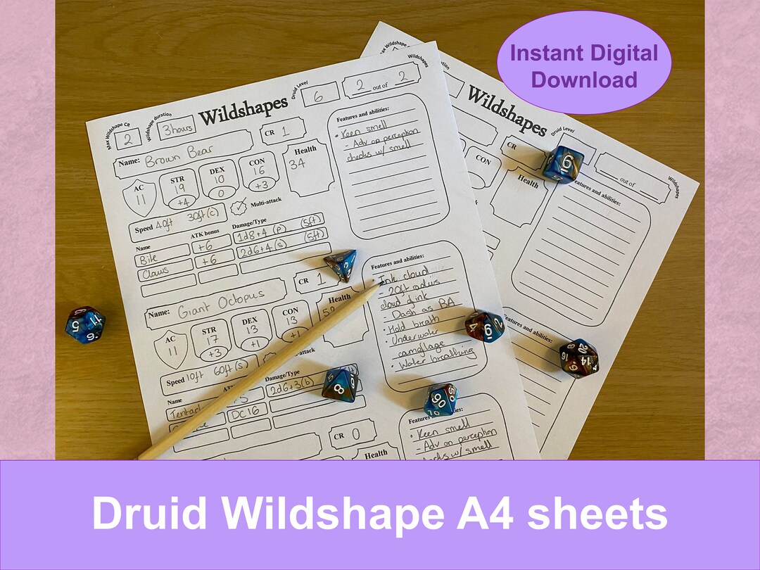 Druid A4 Wild Shape Sheets Dungeons and Dragons 5e - Etsy