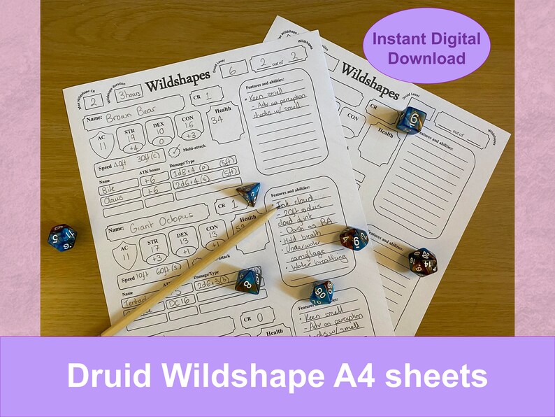 Druid A4 Wild Shape Sheets Dungeons and Dragons 5e - Etsy