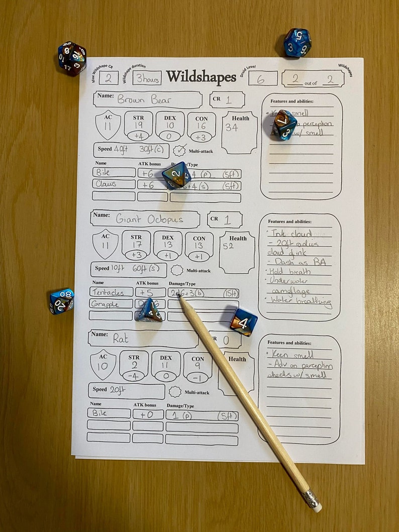 Druid A4 Wild Shape Sheets - Dungeons and Dragons 5e - Character Sheet ...
