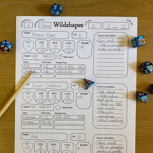 Druid A4 Wild Shape Sheets - Dungeons and Dragons 5e - Character Sheet - Form Fillable and ...