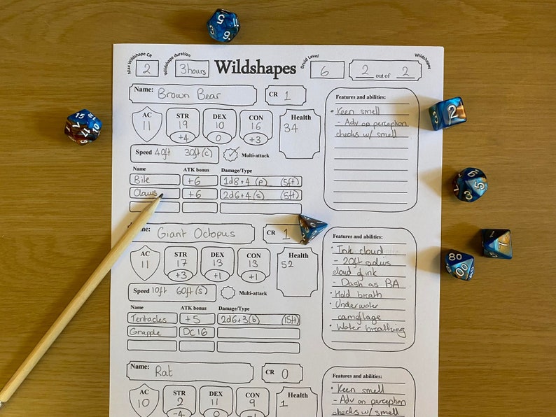 Druid A4 Wild Shape Sheets - Dungeons and Dragons 5e - Character Sheet - Form Fillable and ...