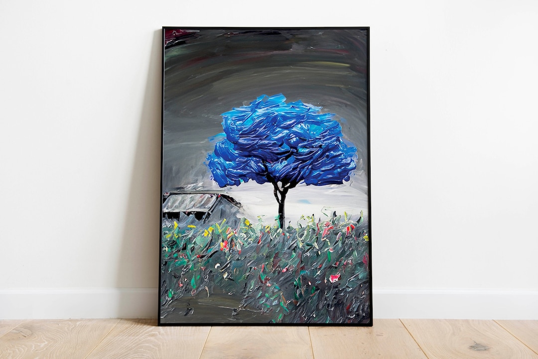 Tree Oil Painting, Blue Tree Field Poster, Printable Tree Wall Art ...
