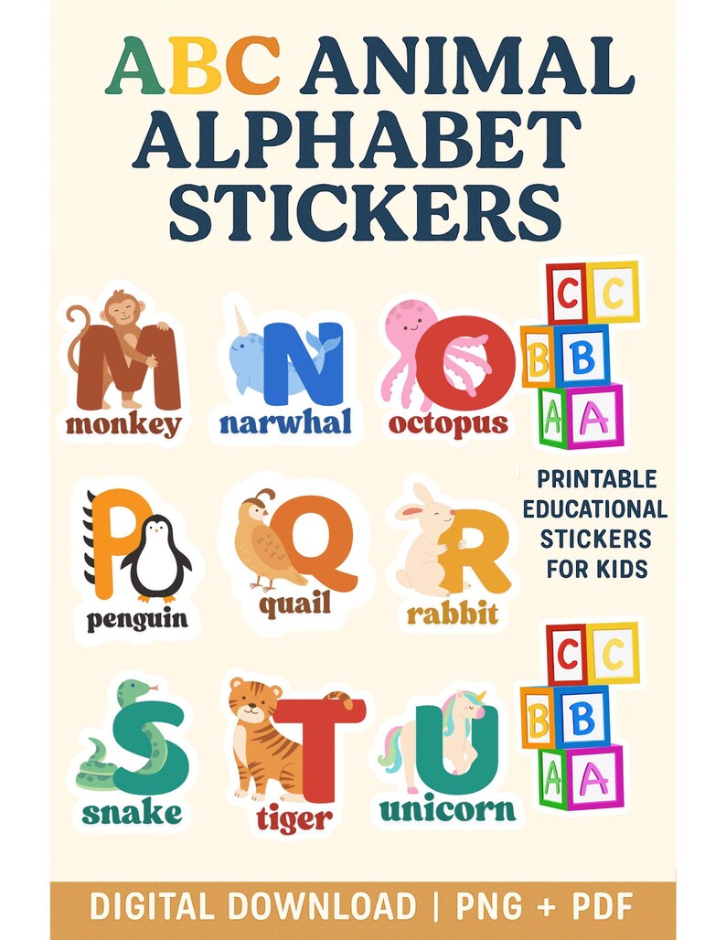 ABC Animal Alphabet Stickers | Printable A-Z Educational Stickers for ...