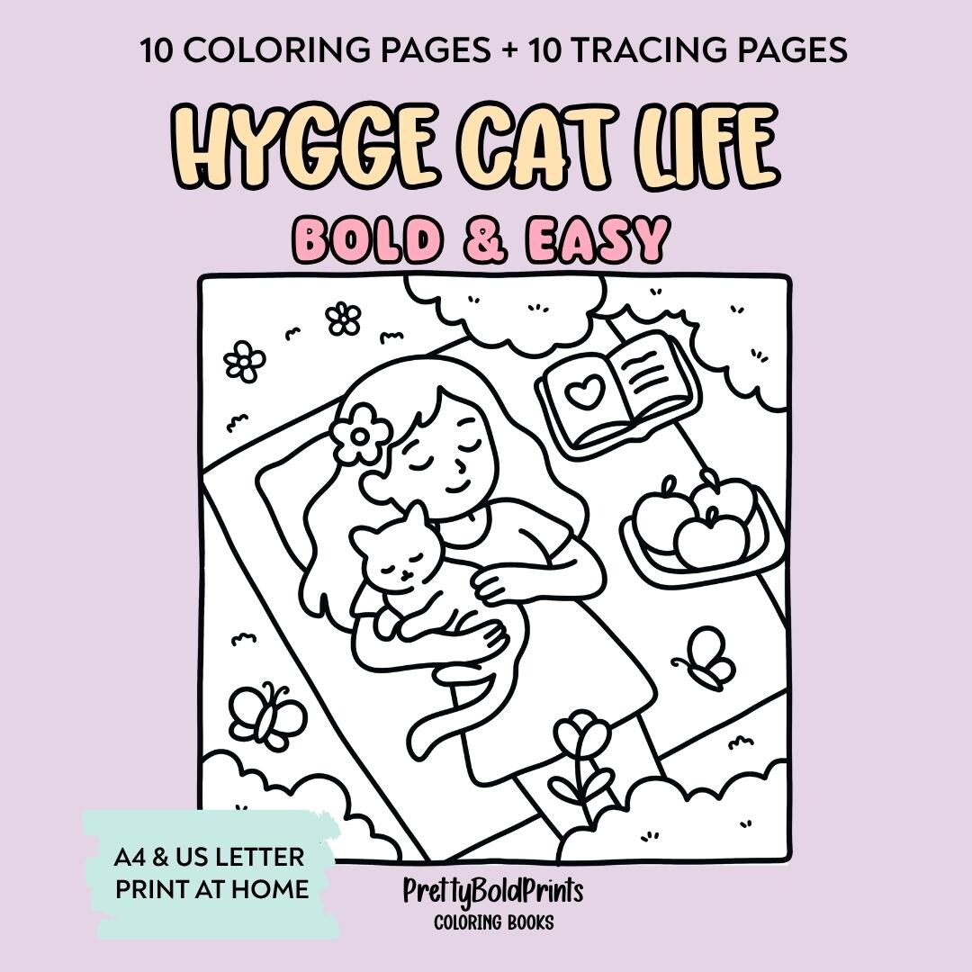 Hygge Cat Life Coloring Book, Cute Bold and Easy Coloring Pages ...