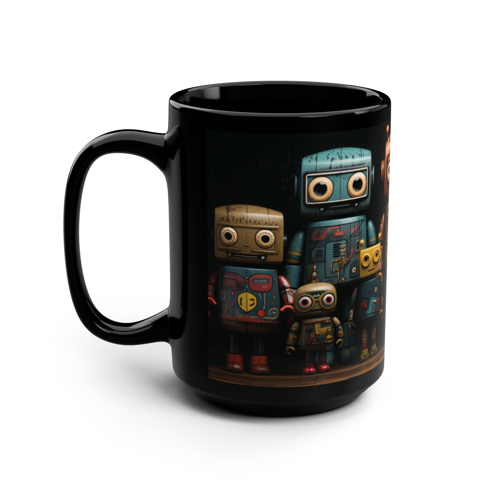 Toy Robot Family Mug, Vintage Sci-fi, Space Vibes, Cute Robots, Black ...