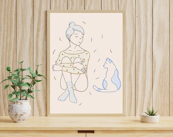 Morning Cat Stretch Print, Line Art Print, Cat Wall Art, Cat Lover Art ...