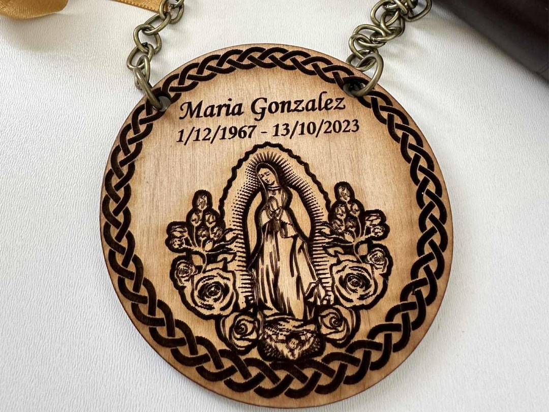 Engraved Virgin Mary Urn Tag – Wooden Memorial Plaque, Catholic ...