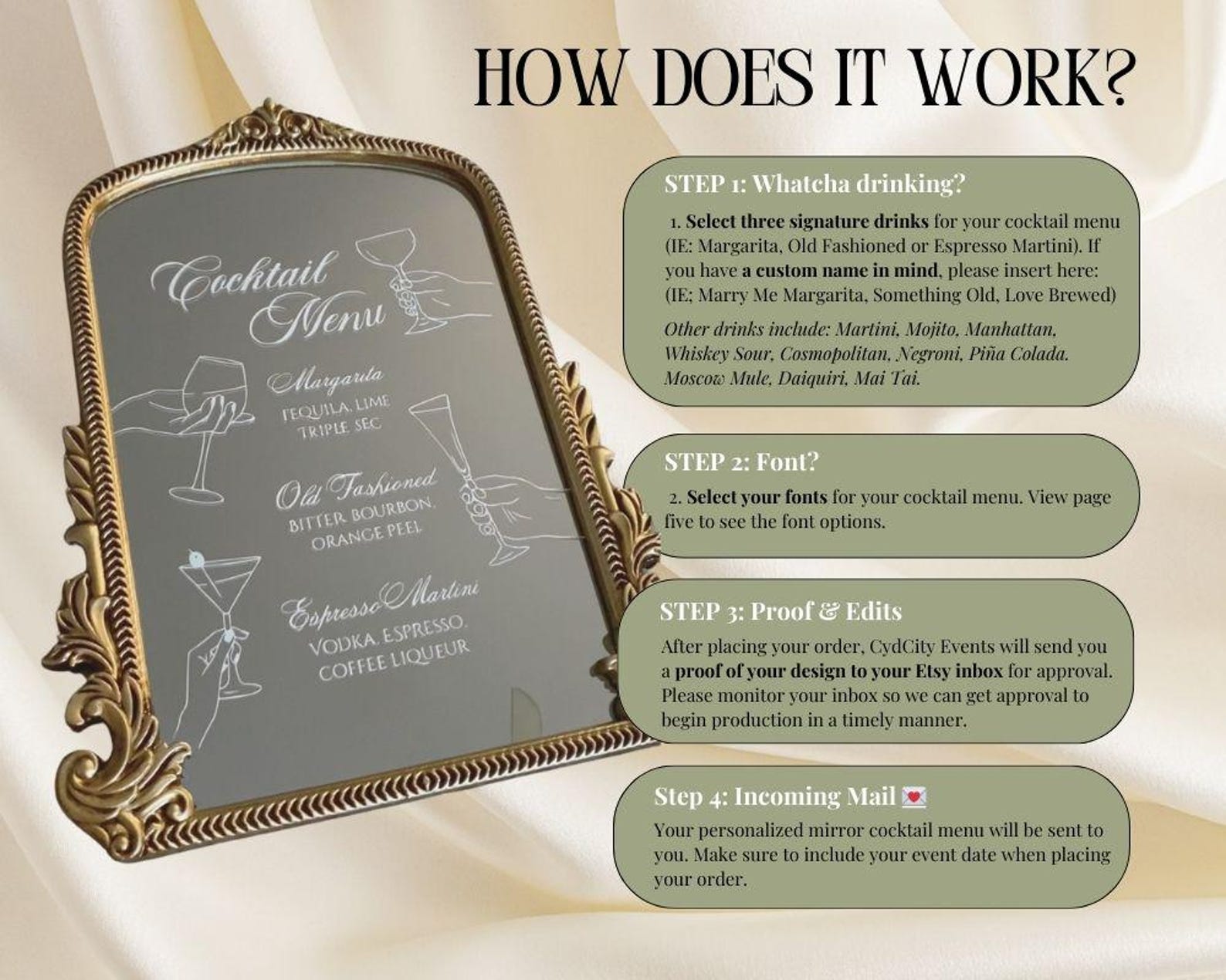 Custom Wedding Mirror Cocktail Menu Sign | Elegant Gold Mirror Wedding ...