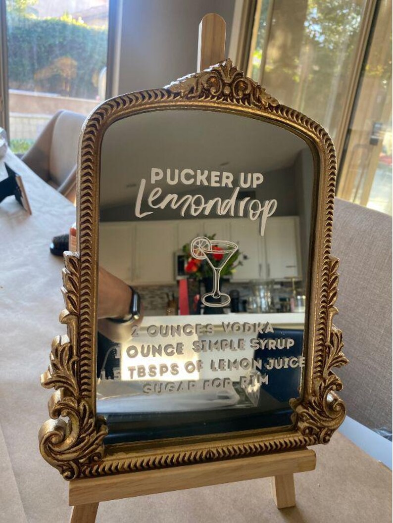 Custom Mirror Cocktail Menu: Wedding Bar Sign With Gold Frame - Etsy