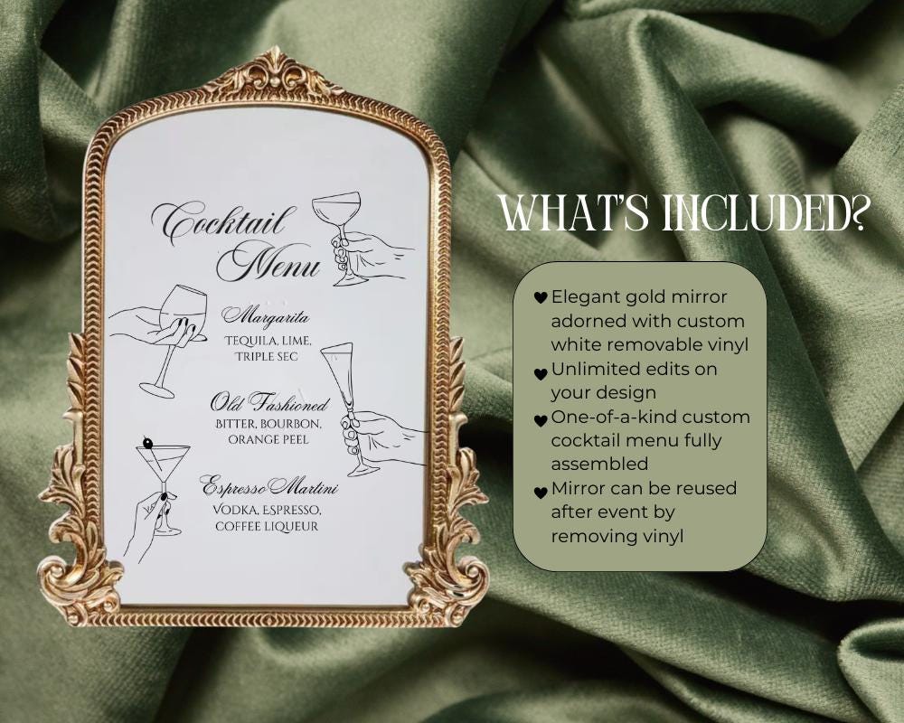 Custom Wedding Mirror Cocktail Menu Sign | Elegant Gold Mirror Wedding ...
