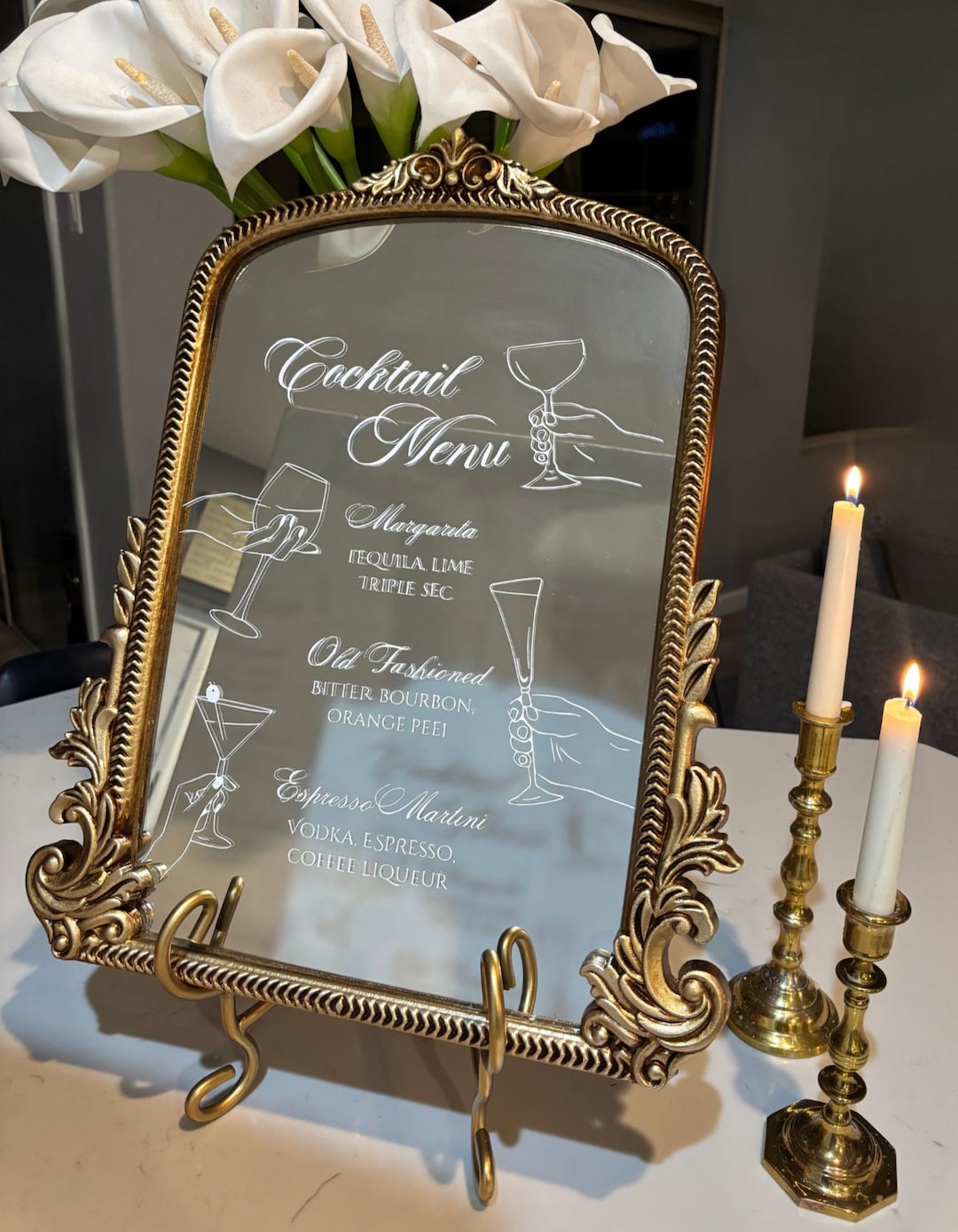 Custom Wedding Mirror Cocktail Menu Sign | Elegant Gold Mirror Wedding ...
