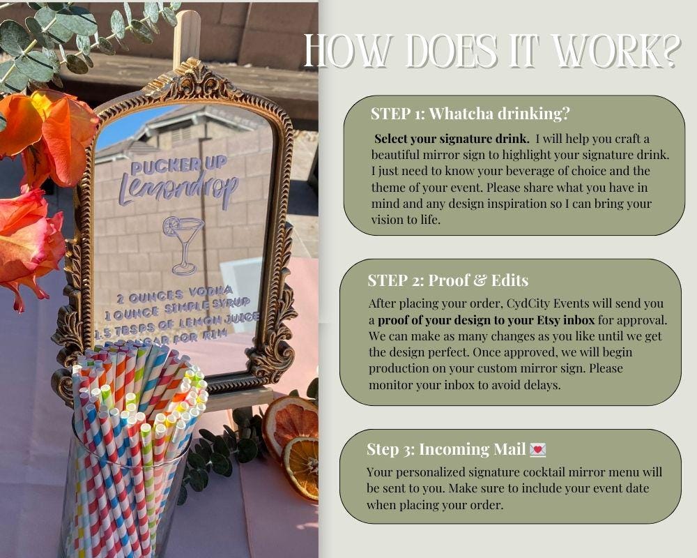 Custom Mirror Cocktail Menu | Wedding Bar Sign, Signature Drink Mirror ...