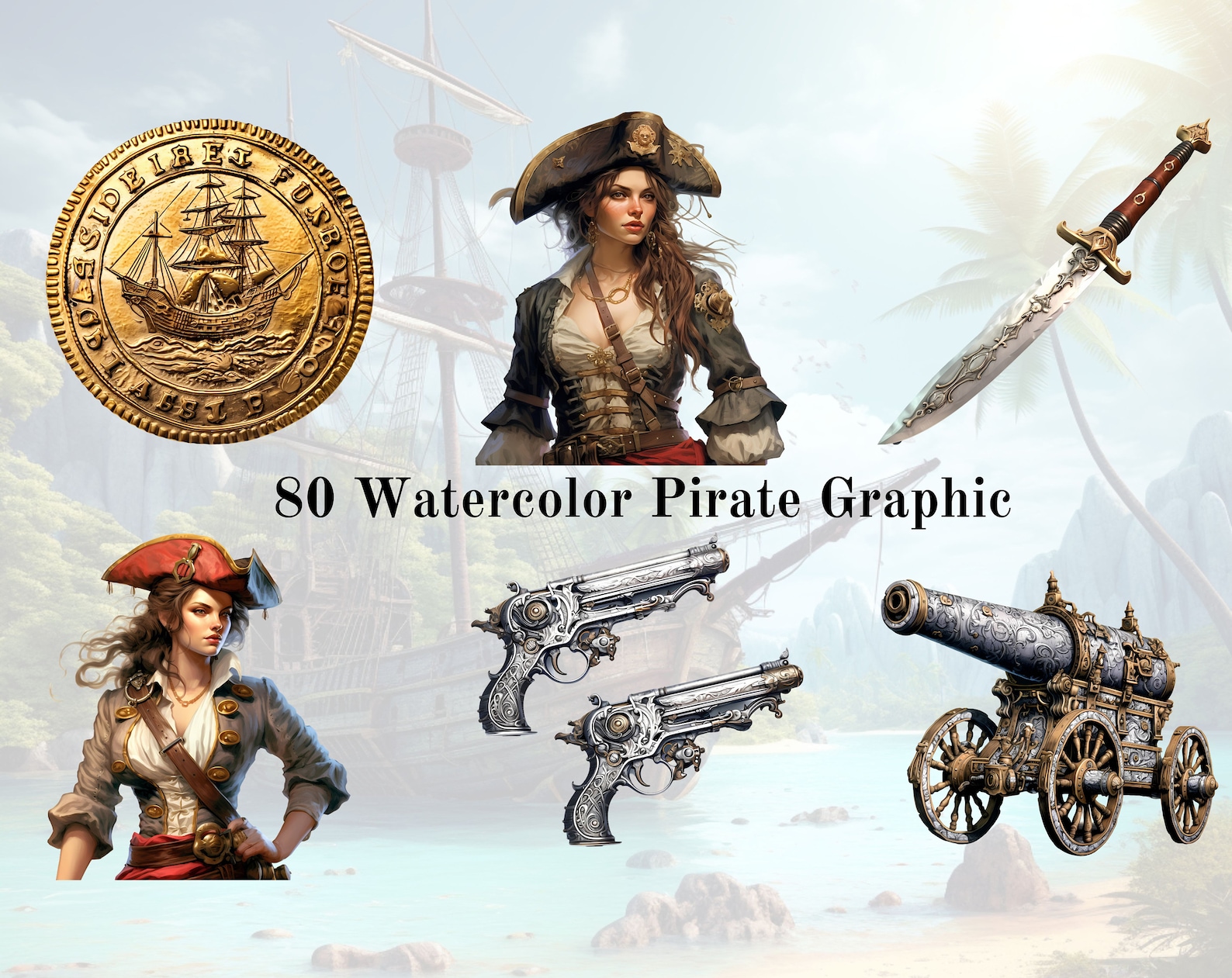 80 Pirate Watercolor Clipart Bundle-watercolor Age of Sea PNG ...