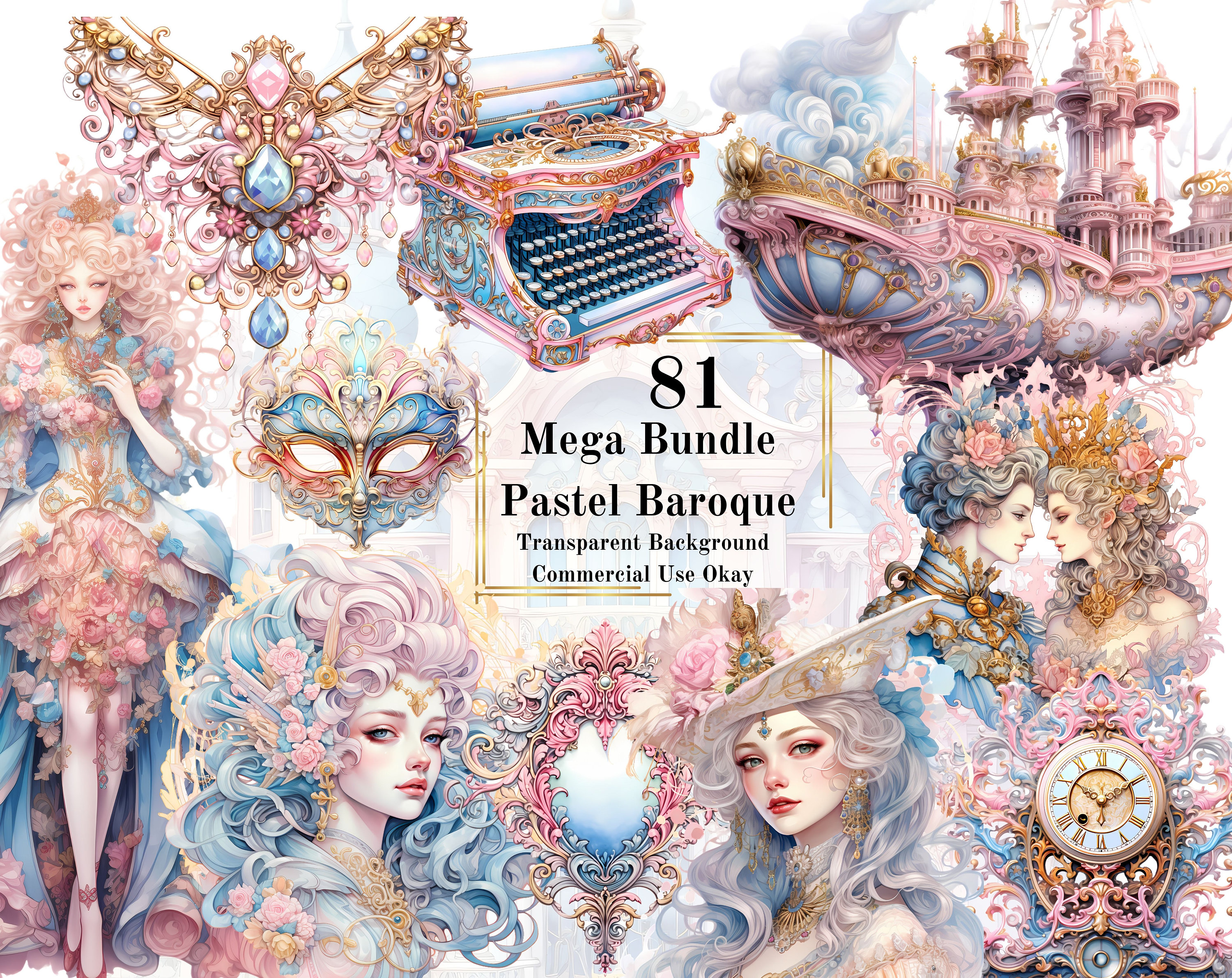 81 Pastel Baroque Watercolor Clipart Bundle –PNG Transparent Background ...