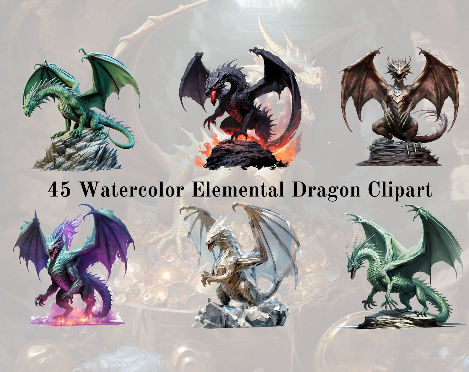45 PNG Elemental Dragon Watercolor Clipart: Rainbow Color DND Dragon ...