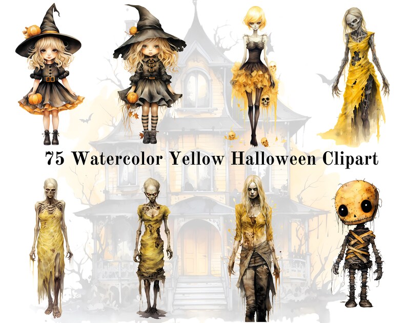 75 PNG Yellow Halloween Watercolor Clipart Bundle: Junk Journal Spooky ...