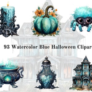 93 PNG Blue Halloween Watercolor Clipart Bundle: Junk Journal Cute ...