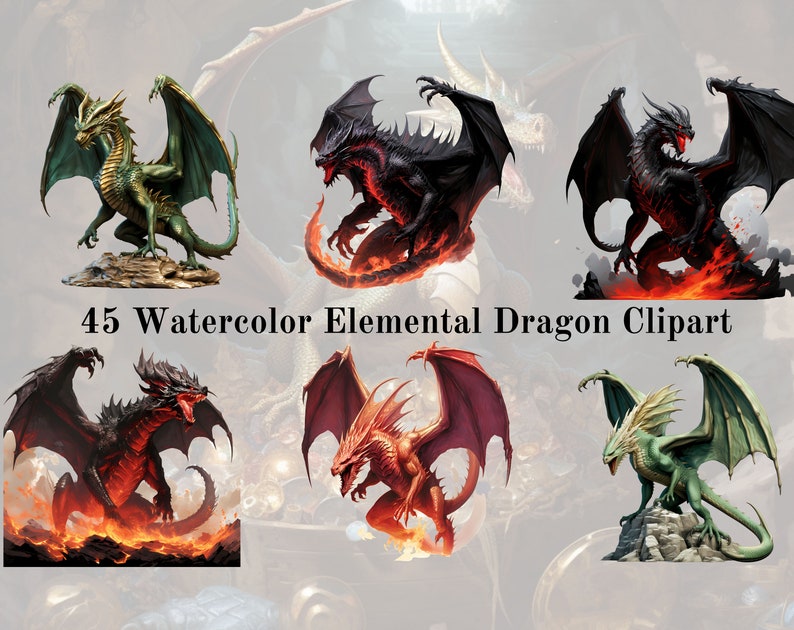 45 PNG Elemental Dragon Watercolor Clipart: Rainbow Color DND Dragon ...