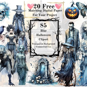 85 PNG Blue Halloween Watercolor Clipart Bundle: Junk Journal Spooky ...