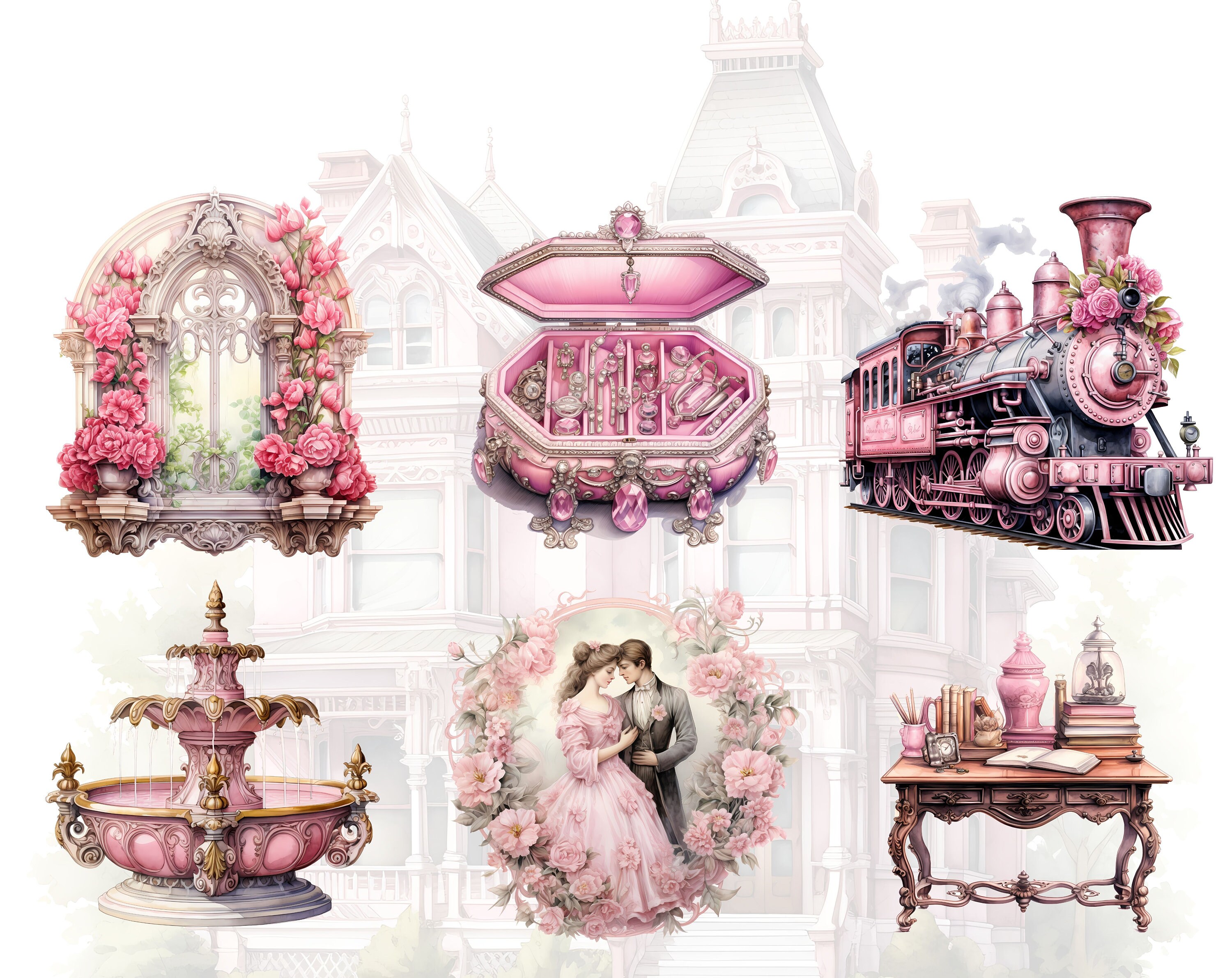 Pink Victorian Watercolor Clipart Bundle 67 PNG Transparent - Etsy