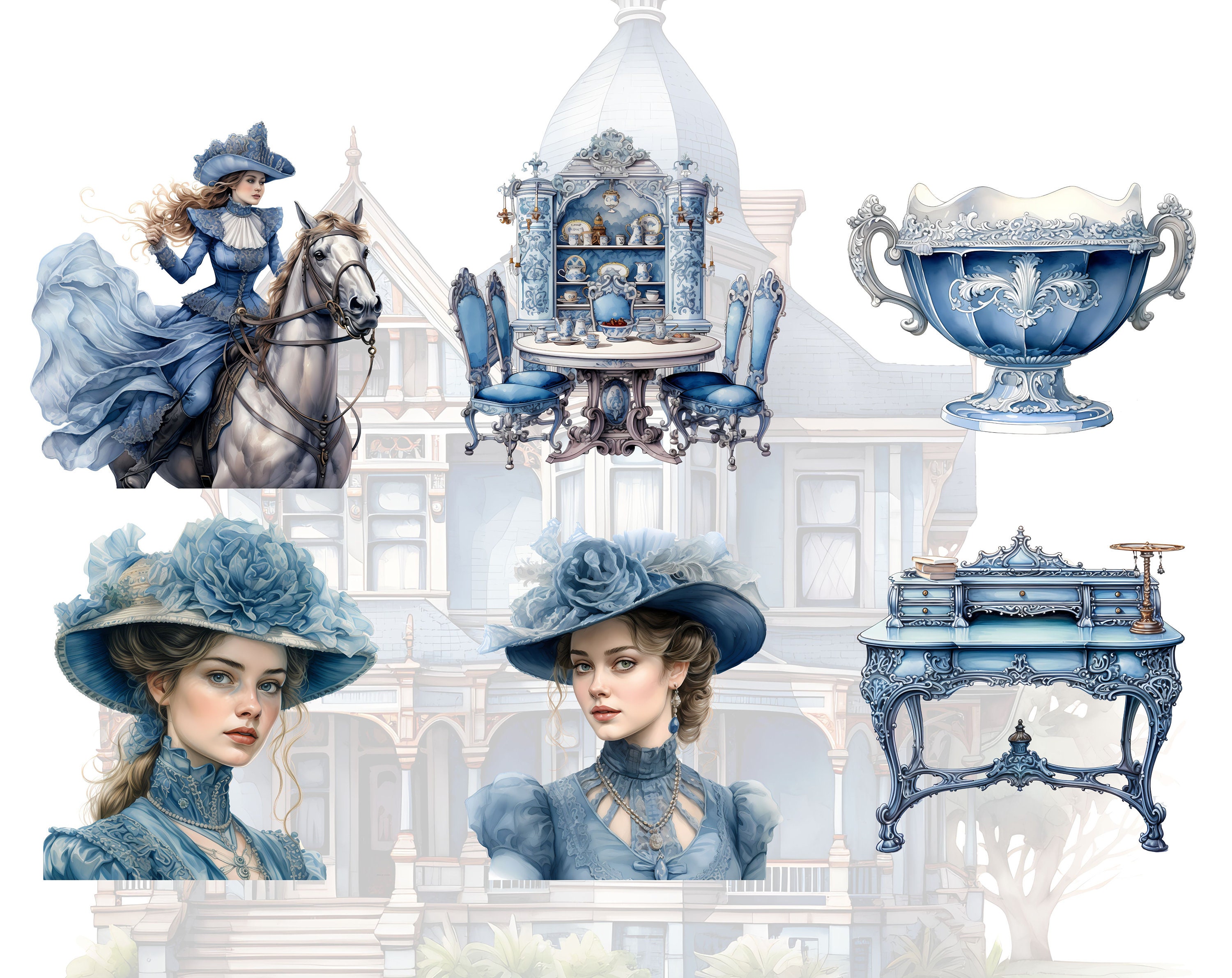 Blue Victorian Watercolor Clipart Bundle 77 PNG Transparent - Etsy