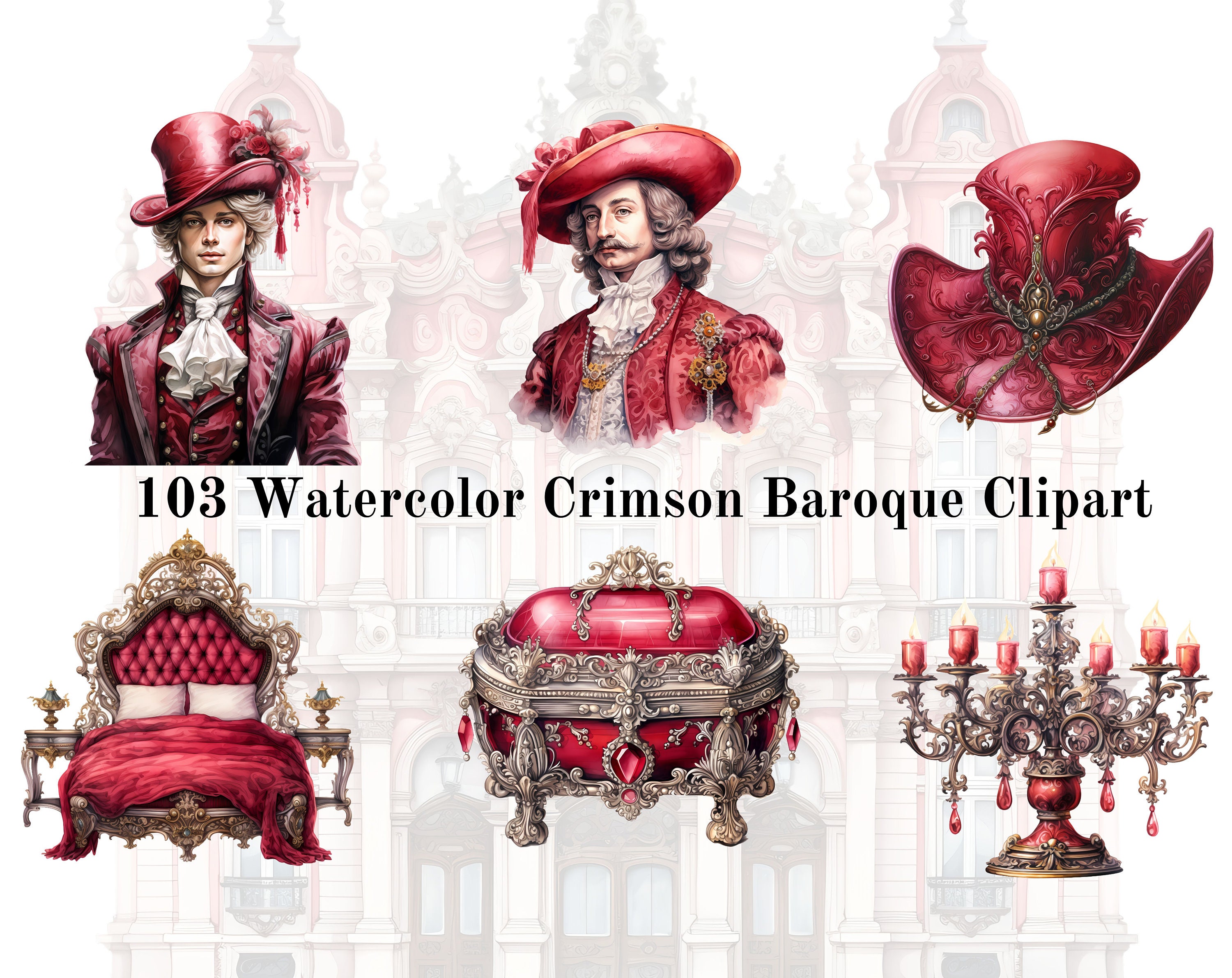 103 PNG Crimson Baroque Rococo Watercolor Clipart: Baroque Red Clipart ...